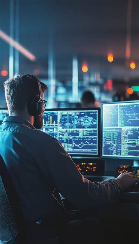 Cybersecurity Professional Monitoring System Data Streams On Multiple Monitors In Dark Control