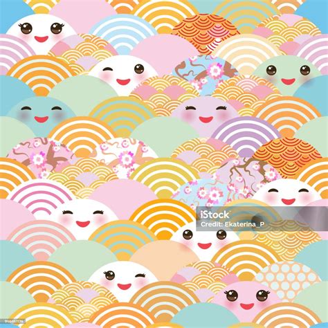 원활한 패턴 귀여운 분홍색 뺨을 가진 및 윙크 눈 간단한 자연 배경 일본 사쿠라 꽃 장미빛 핑크 체리 동그라미 패턴 블루 핑크 오렌지 파스텔 색상 파 벡터 0명에 대한 스톡