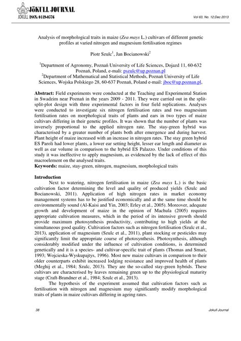 Pdf Analysis Of Morphological Traits In Maize Zea Mays L Cultivars Of Different Genetic