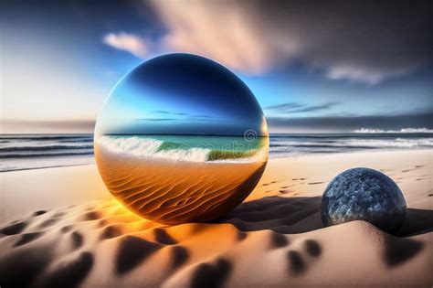 Abstract Minimalist Image Of A Reflecting Glass Ball On A Beach Under