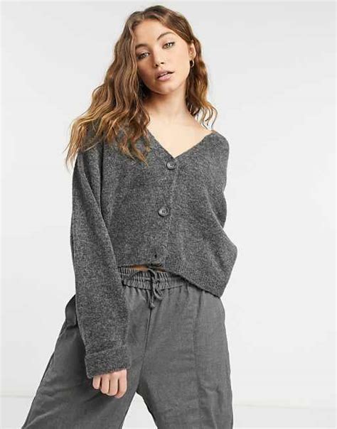 Asos Design Boxy Cardigan With Turn Up Cuffs In Charcoal Asos