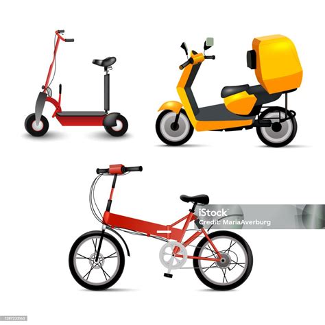 현실적인 청소년 도시 교통 흰색 배경에 설정 자전거 자이로 스쿠터 및 자전거 현대적인 대체 도시 교통 생태 십대 교통 고립 된 아이콘 초현대적에 대한 스톡 벡터 아트 및