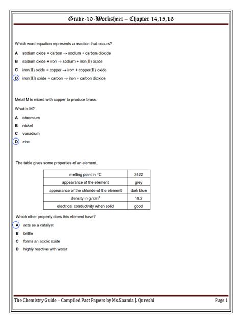 Worksheet Chapters 14 15 16 Chem 0620 Igcse Cie Pdf