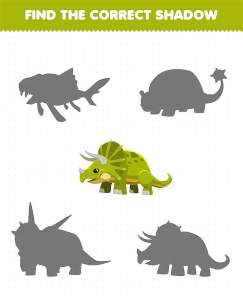 어린이를 위한 교육 게임은 귀여운 만화 선사 시대 공룡 트리케라톱스의 정확한 그림자 세트를 찾습니다 프리미엄 벡터