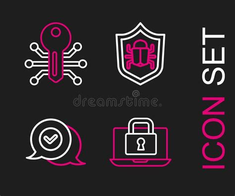 Set Line Laptop And Lock Check Mark In Speech Bubble System Bug And