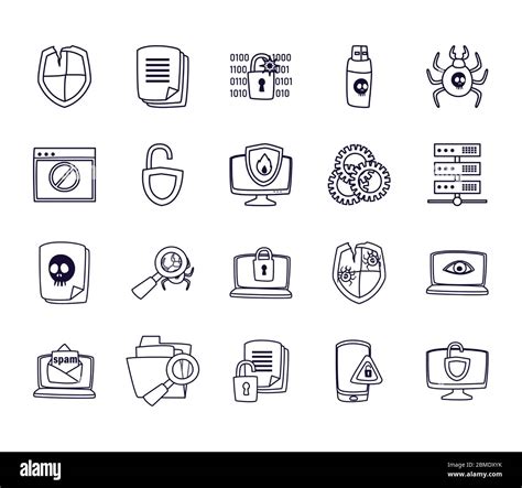 Line Style Icon Set Design Of Hack Information And Security System Theme Vector Illustration
