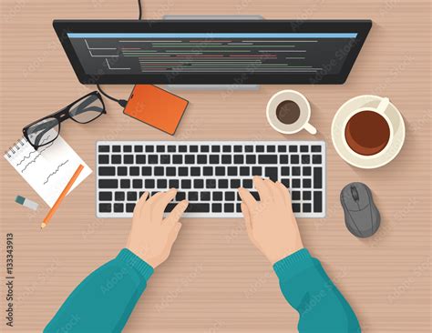 Developer Working At Computer Programmer Hands Coding Programming Flat Illustration Concept