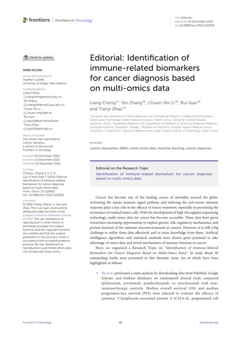 PDF Editorial Identification Of Immune Related Biomarkers For Cancer