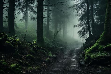Premium Ai Image A Forest Path With A Path In The Fog