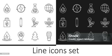 세트 라인 Led 전구 잎에 전기 절약 플러그 재활용 쓰레기 봉투 형광 램프 쇼핑 깨끗한 아쿠아 빛과 번개 볼트 아이콘을