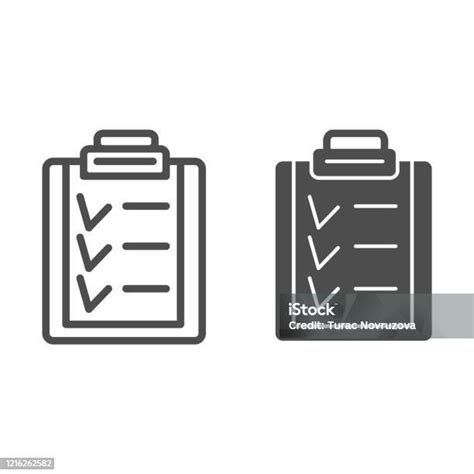 체크리스트 양식 선과 글리프 아이콘이 있는 클립보드입니다 의료 계획 및 주문 검사지 기호 흰색 배경에 윤곽 스타일 그림 모바일 개념 웹 디자인에 대한 의학 기호 벡터 그래픽