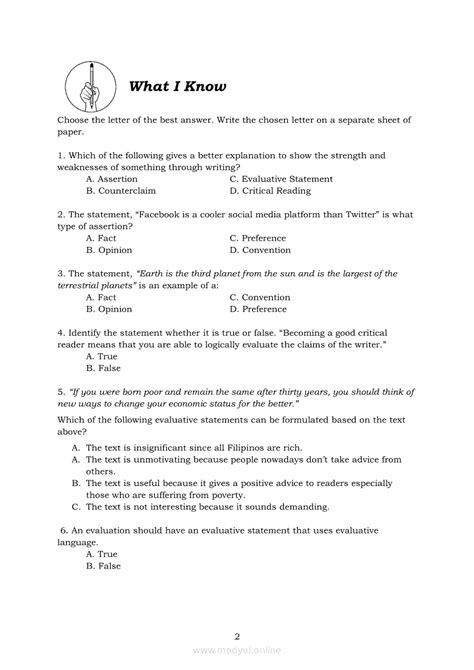 Reading And Writing Skills Quarter 4 Module 6 Formulating Evaluative