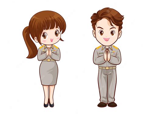 제복을 입은 커플 만화 캐릭터의 태국 공무원 프리미엄 벡터