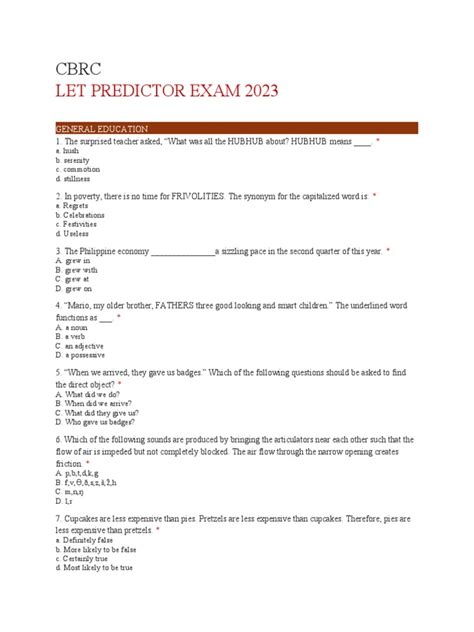 Cbrc Let Predictor Exam 2023 Pdf Curriculum Teachers