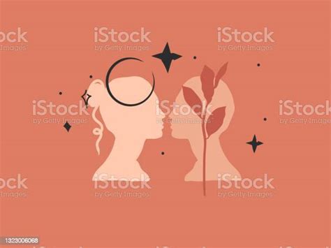 손으로 그린 벡터 추상 스톡 플랫 그래픽 일러스트와 로고 초승달의 보헤미안 마술 아트 로맨틱 한 여성과 남성 실루엣은 브랜딩을위한 간단한 스타일로 색상 배경에 고립 커플에