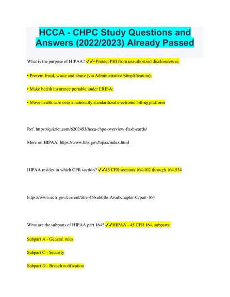 HCCA CHPC Study Questions And Answers 2022 2023 Already Passed