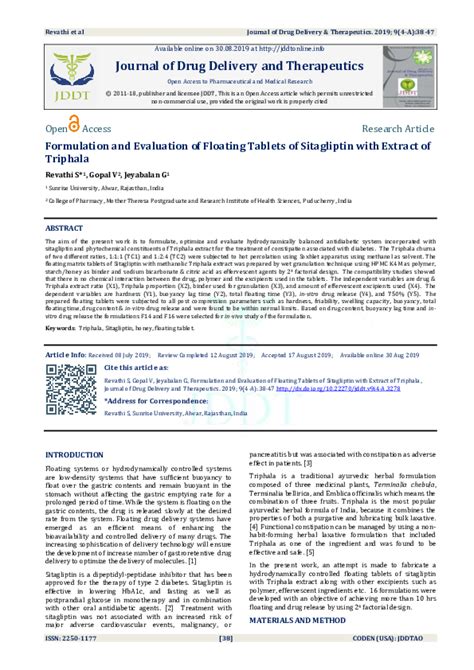 Pdf Formulation And Evaluation Of Floating Tablets Of Sitagliptin With Extract Of Triphala