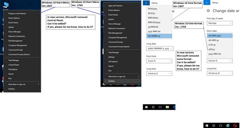 how to add missing options control panel in start menu and date format
