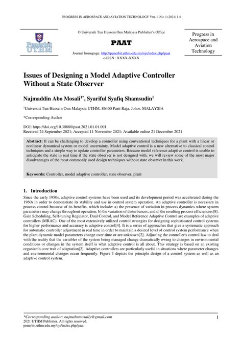 Pdf Issues Of Designing A Model Adaptive Controller Without A State Observer