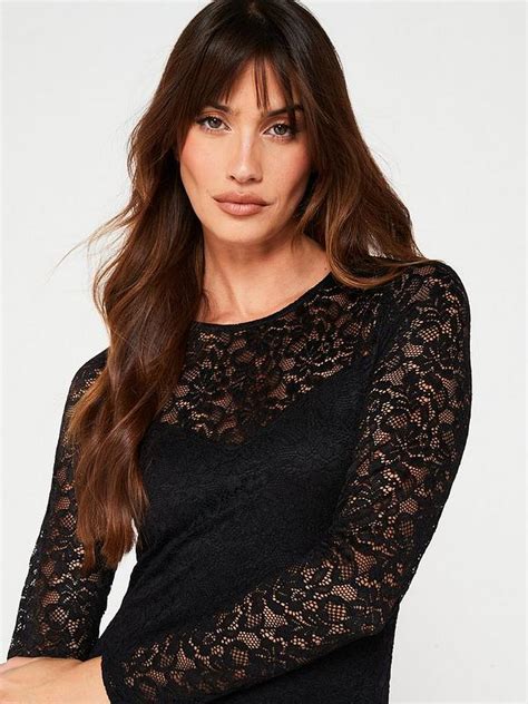 V By Very Lace Long Sleeve Bodycon Mini Dress Black Very