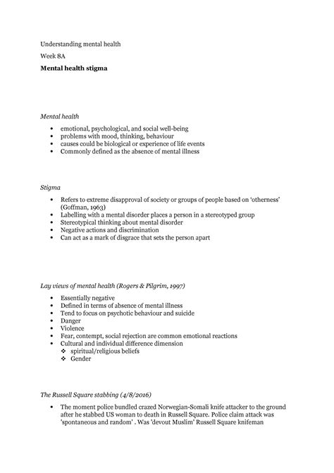 Mental Health Stigma Lecture Notes 1 Understanding Mental Health