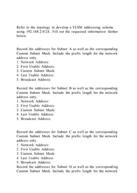 Refer To The Topology To Develop A Vlsm Addressing Scheme Using 19 Pdf