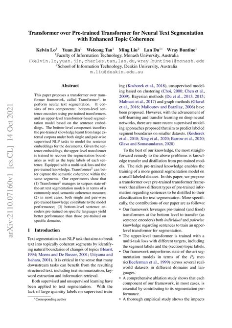 Transformer Over Pre Trained Transformer For Neural Text Segmentation With Enhanced Topic