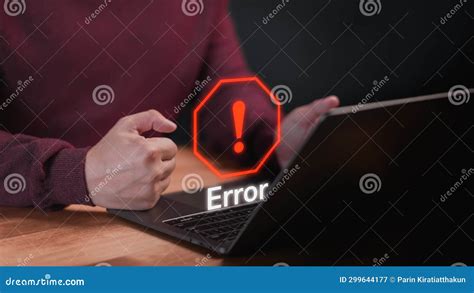 User Man Using A Computer Laptop With Caution Warning Sign For