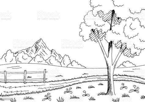 Vektor Ilustrasi Sketsa Lanskap Putih Hitam Grafis Jalan Pedesaan