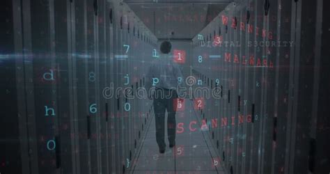 Image Of Cyber Attack Warning Over Caucasian Man In Server Room Stock Image Image Of People