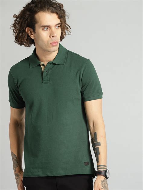 Buy Roadster Men Olive Green Solid Polo Collar Pure Cotton T Shirt