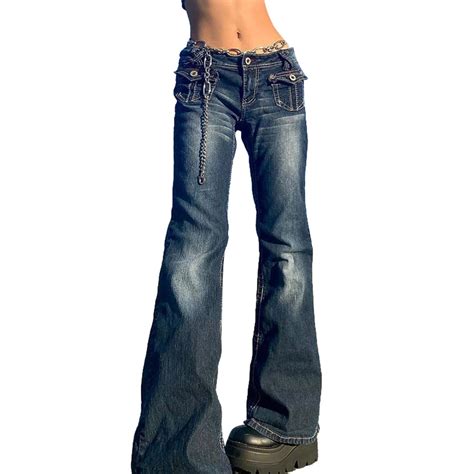 Women Cargo Jeans Baggy Pants Wide Leg Trousers Low Waist Gothic Punk