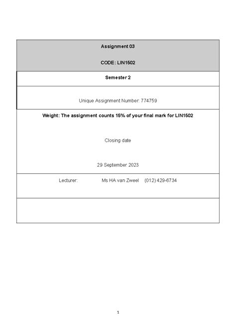 Assignment 03 2023 Closing Date Assignment Code Lin Semester Unique Assignment Number
