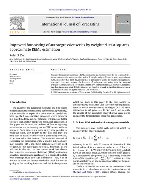 Pdf Improved Forecasting Of Autoregressive Series By Weighted Least Squares Approximate Reml