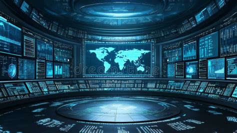 Global Network Monitoring Center Futuristic Control Room With World Map Display Stock