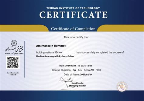 Certificate Of Completion Machine Learning With Python Amirhossein