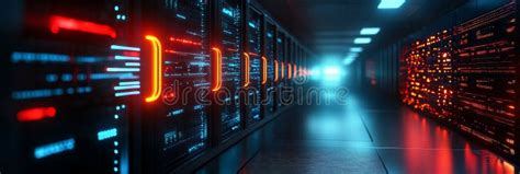 A Futuristic Data Center With Glowing Servers Vibrant Blue And Red Lights And Complex Network