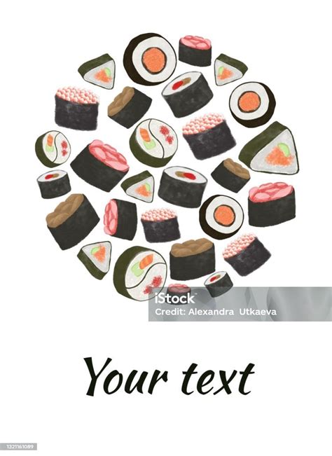 흰색 배경에 초밥과 롤 메뉴 카드 템플릿의 그림에서 원의 실루엣 0명에 대한 스톡 벡터 아트 및 기타 이미지 0명 공휴일