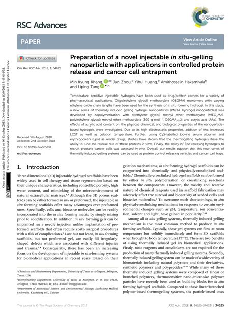 Pdf Preparation Of A Novel Injectable In Situ Gelling Nanoparticle With Applications In
