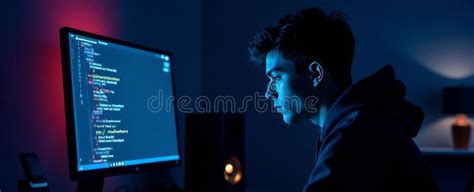 Banner With Young Male Programmer Working Late At Night Man Focused On Coding At Desktop