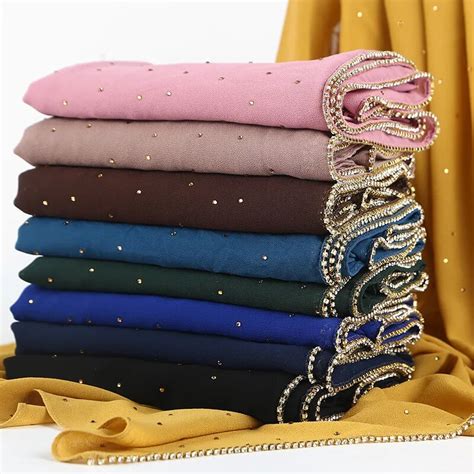 솔리드 소프트 럭셔리 골드 쉬폰 헤드 스카프 여성용 긴 이슬람 스카프 Hijab Musulman Femme Shawl And