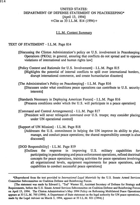 United States Department Of Defense Statement On Peacekeeping International Legal Materials