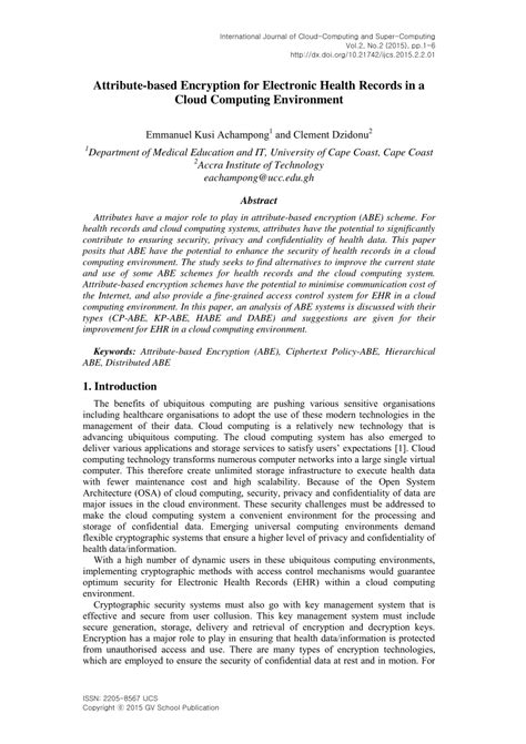 Pdf Attribute Based Encryption For Electronic Health Records In A Cloud Computing Environment