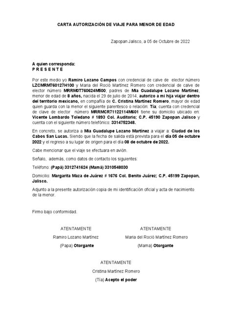 Carta Autorización De Viaje Para Menor De Edad Pdf