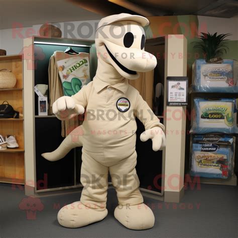 Cream Loch Ness Monster Mascot Costume Character Dressed With A Cargo