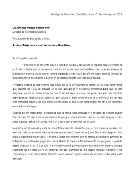 Ejemplo De Carta De Queja Pdf