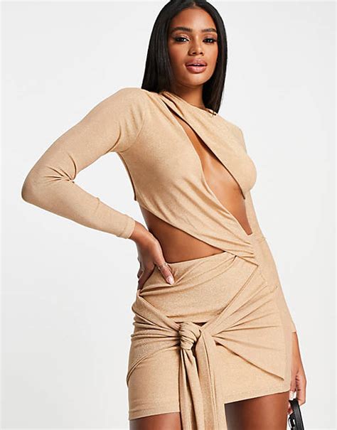 Simmi Long Sleeve Cut Out Mini Dress With Knot Train Detail In Tan Asos