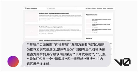 布局： 页面采用 两栏布局 ，左侧为主要内容区，右侧为推荐和天气信息区。整体布局为 网格布局 ，各模块在垂直方向排列，每个模块内部采用 卡片式布局 。 元素： 导航栏