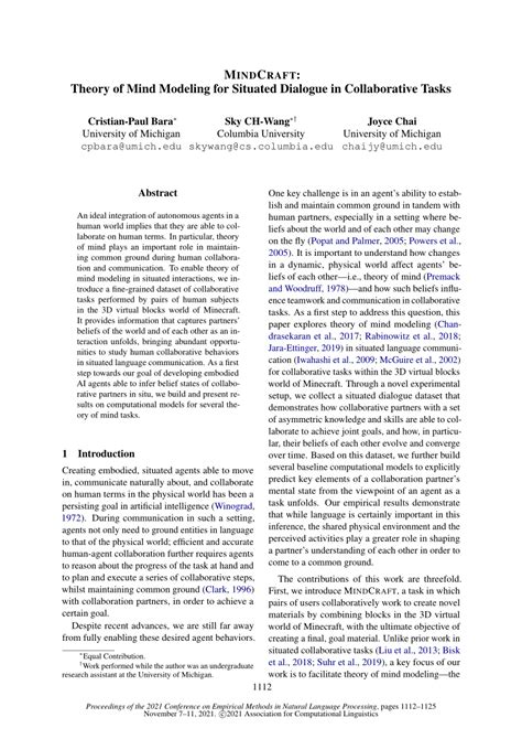 Pdf Mindcraft Theory Of Mind Modeling For Situated Dialogue In Collaborative Tasks