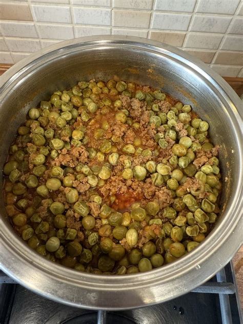 Traditional Delicious Turkish Food In Pot Peas With Minced Meat Stock
